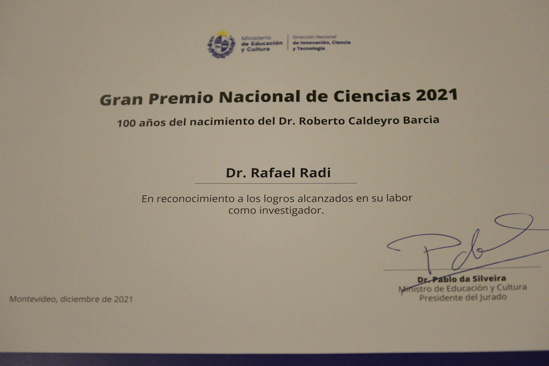El Dr. Rafael Radi recibió el Gran Premio Nacional de Ciencia ...